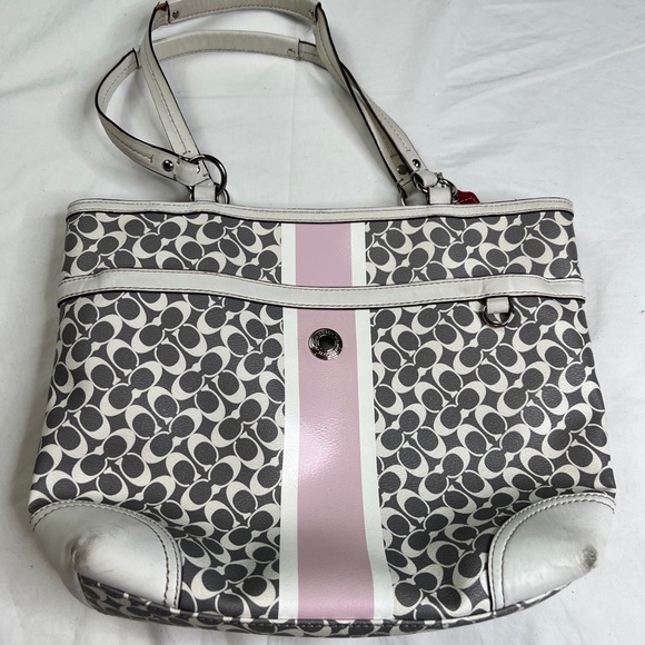 Coach | Bags | Coach Heritage Signature Stripe Pink White Tote Shoulder ...